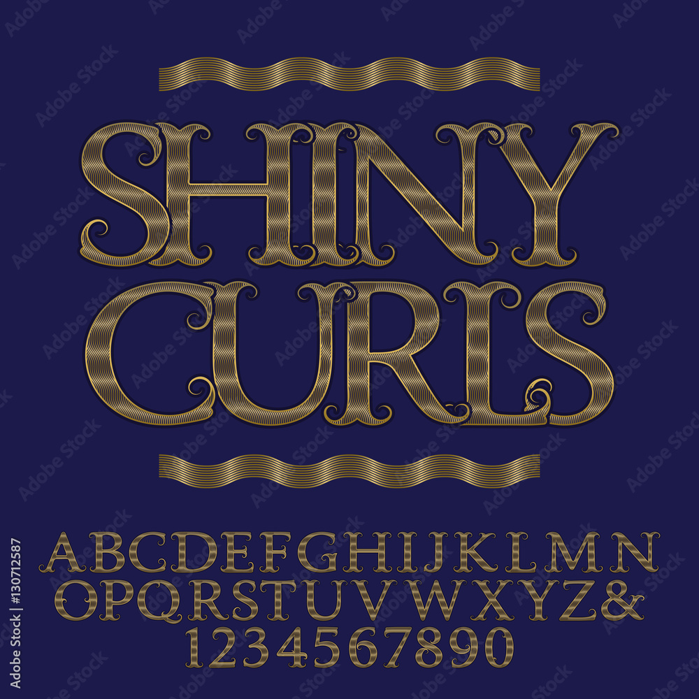 Wavy lines patterned gold capital letters and numbers. Decorative ...