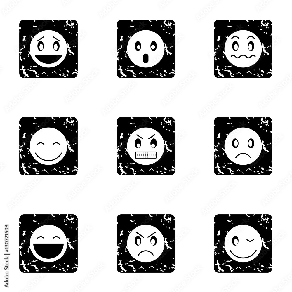 Round smileys icons set. Grunge illustration of 9 round smileys vector ...