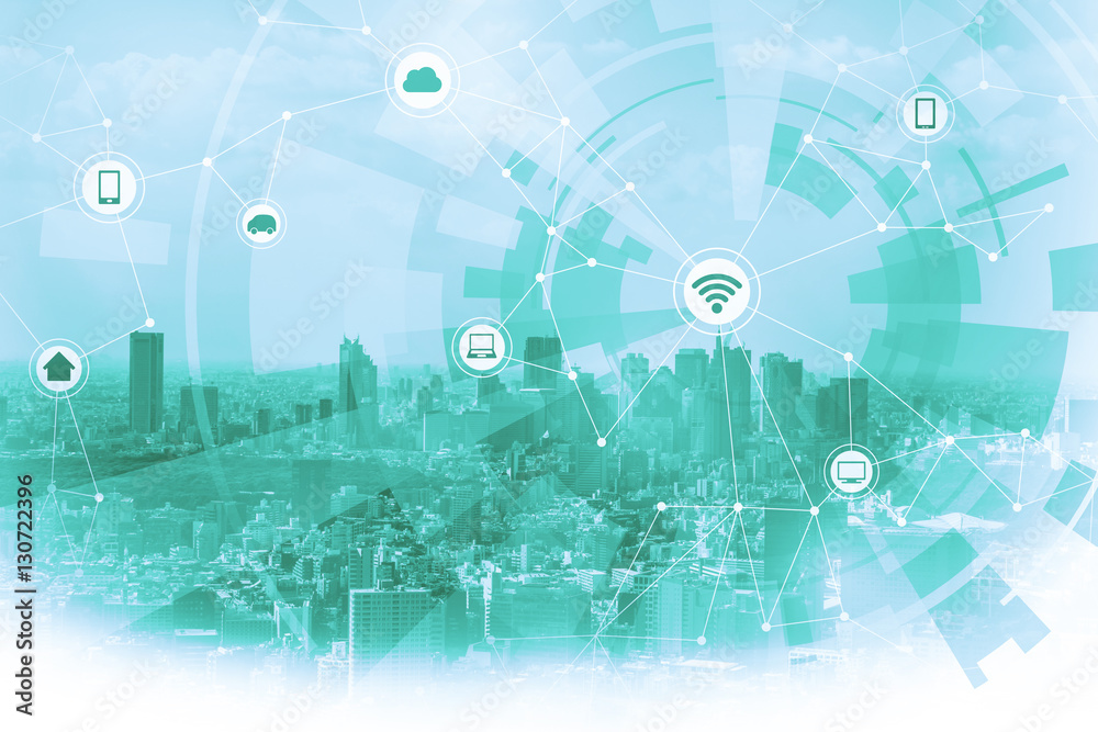 Duotone Graphic Of Smart City And Wireless Communication Network IoT duotone-graphic-of-smart-city-and-wireless-communication-network-iot