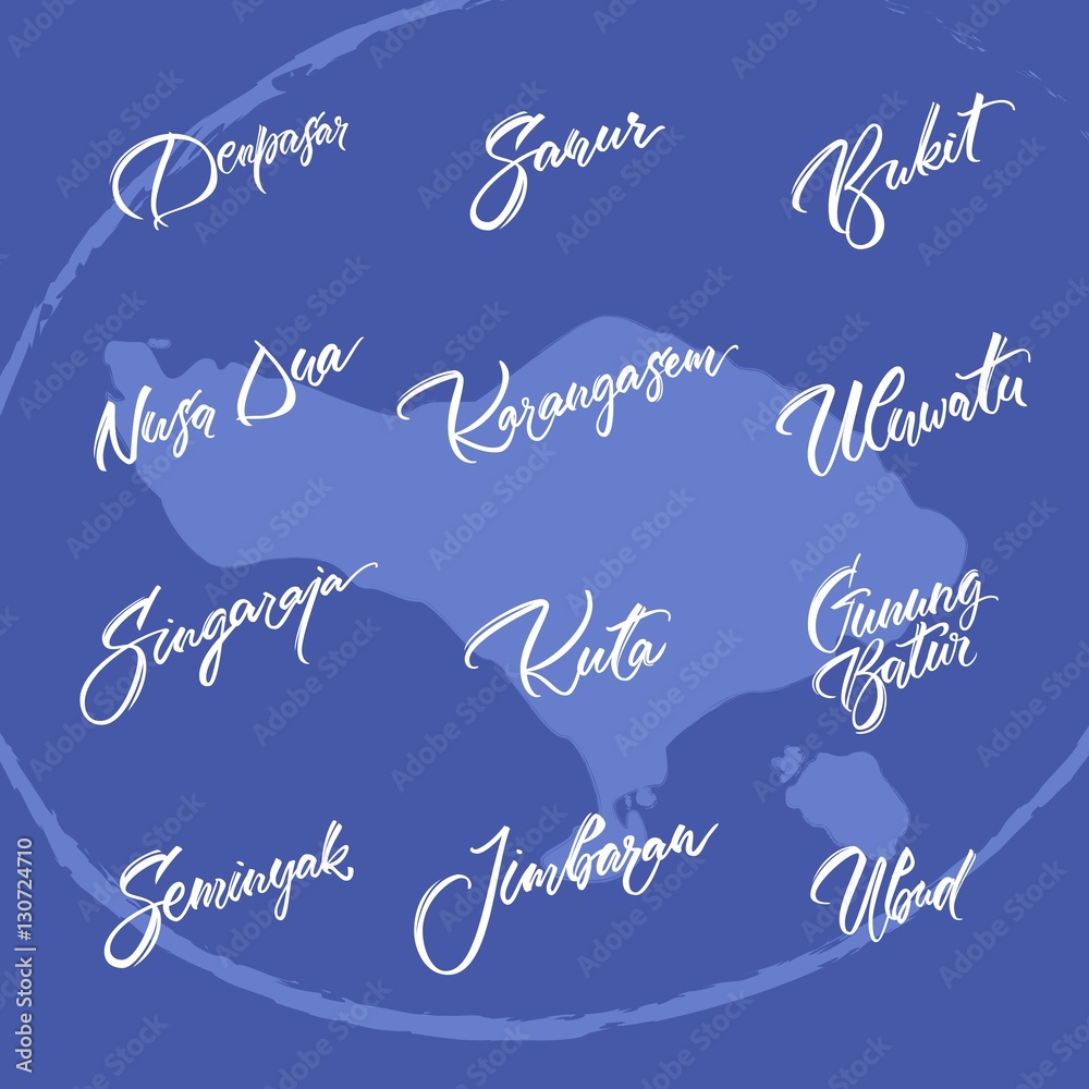 Bali lettering set: 12 vector bahasa words. Cities: Denpasar, Sanur ...