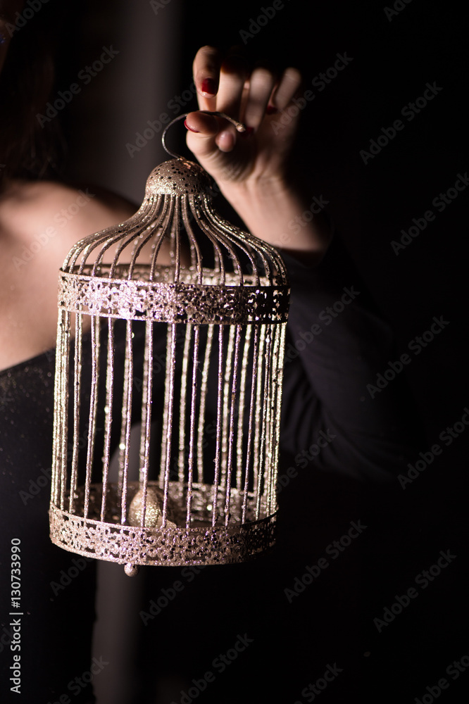 A Golden cage in feminine hand on dark background. A symbol of freedom ...