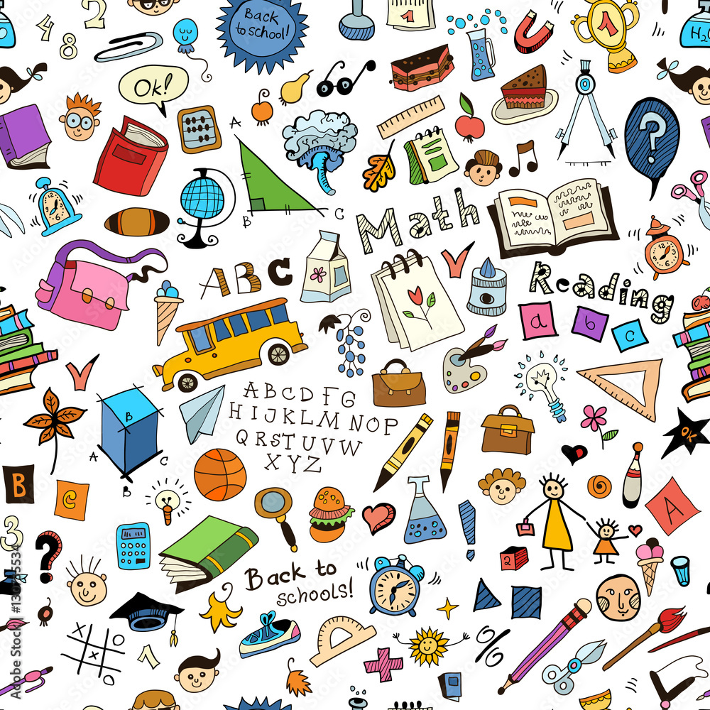 Seamless pattern with set of different school things.Doodle seamless ...