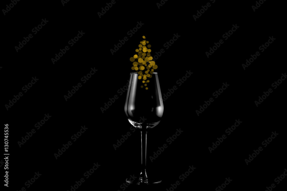 Single wine glass isolated on black background with gold bokeh and ...