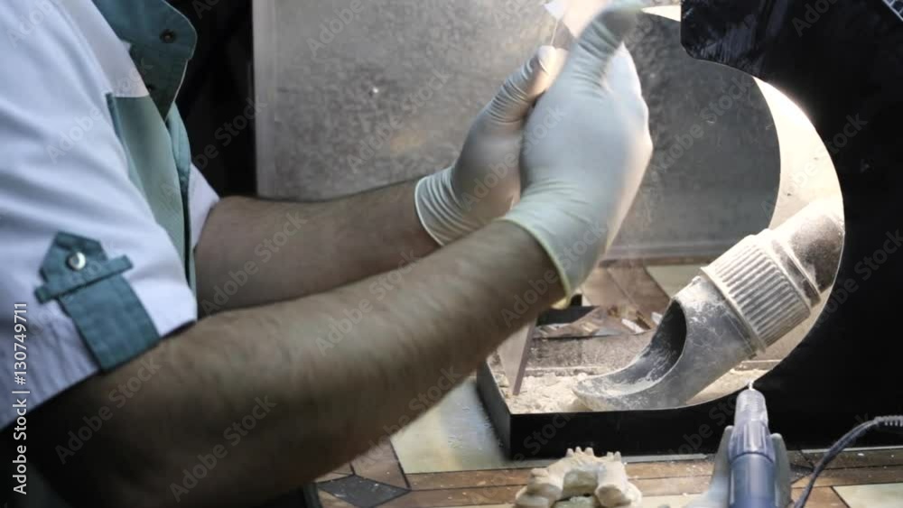 Close-up of ceramet implant creature process at laboratory. Technician ...