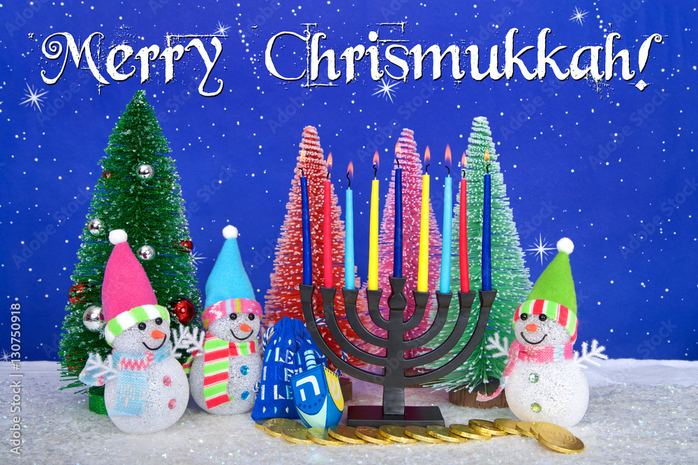 Menorah and red, pink, green pine trees with snowman on faux snow blue ...