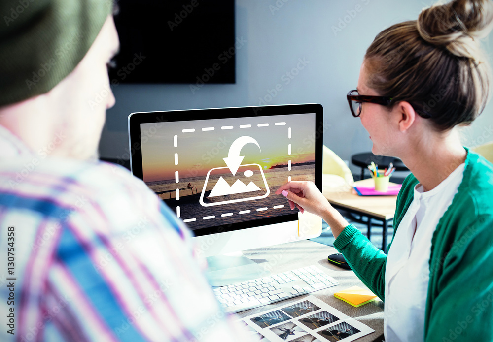 Two Employees Using a Desktop Computer Mockup Stock Template | Adobe Stock