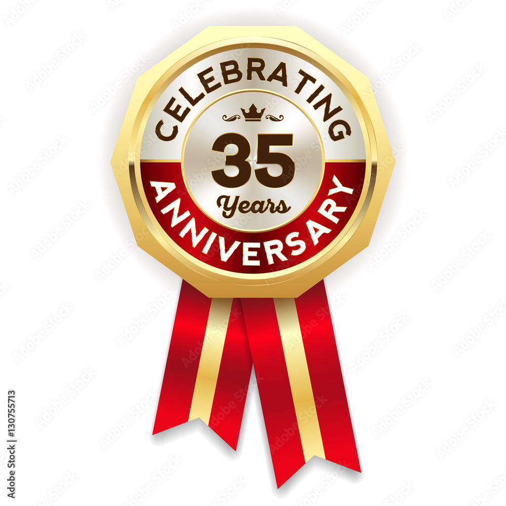 Red celebrating 35 years badge, rosette with gold border and ribbon ...