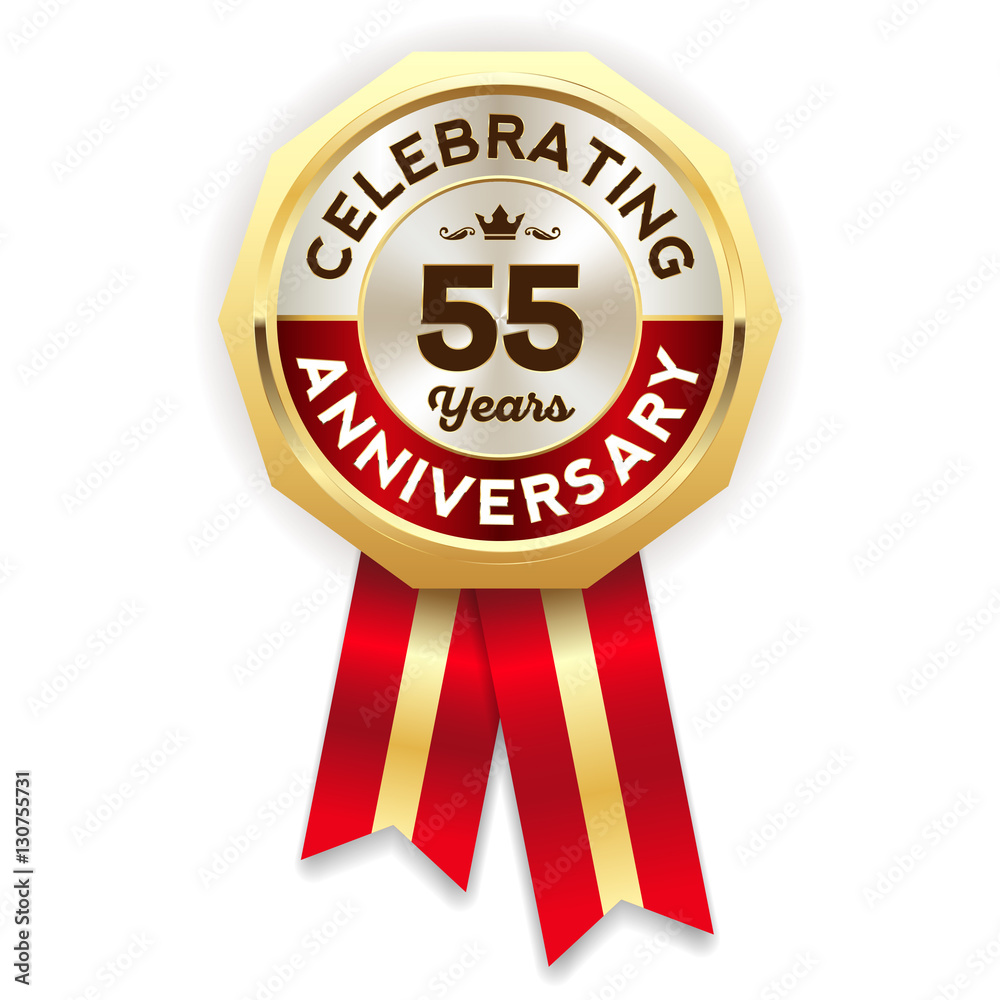 Red celebrating 55 years badge, rosette with gold border and ribbon ...