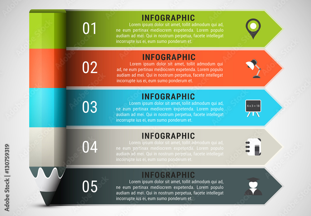 Pencil Element Infographic with Grayscale Icon Set Stock Template ...