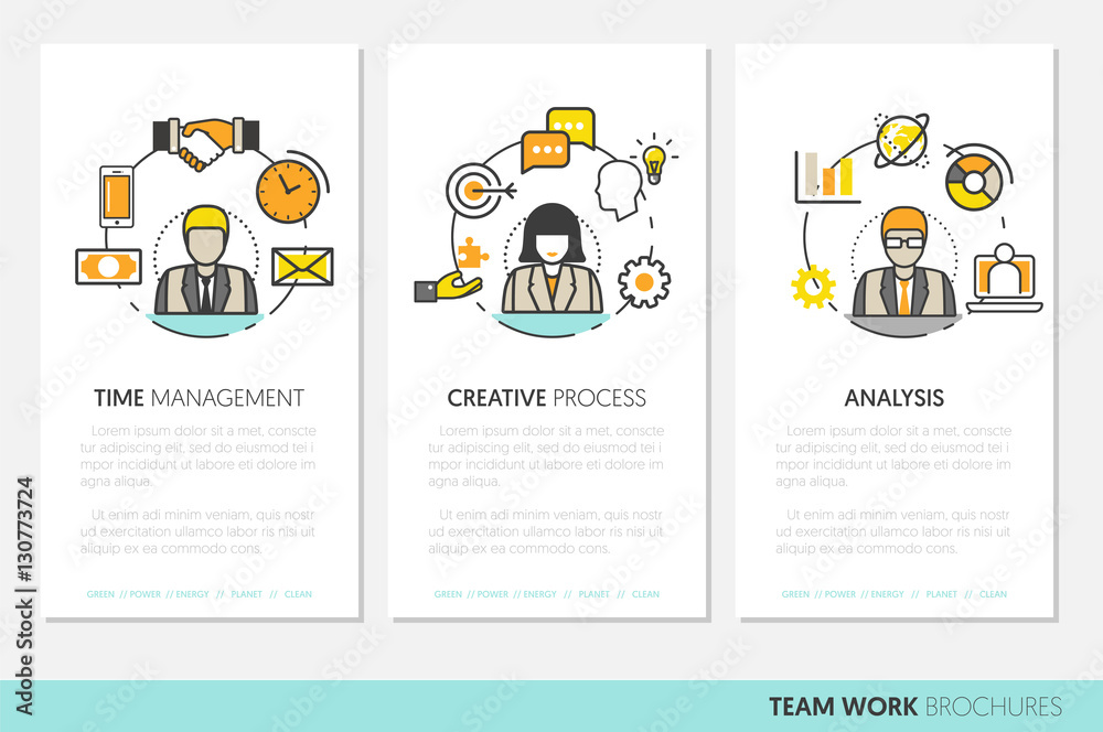 Business Team Work Brochure Template with Line Art Thin Vector Icons ...