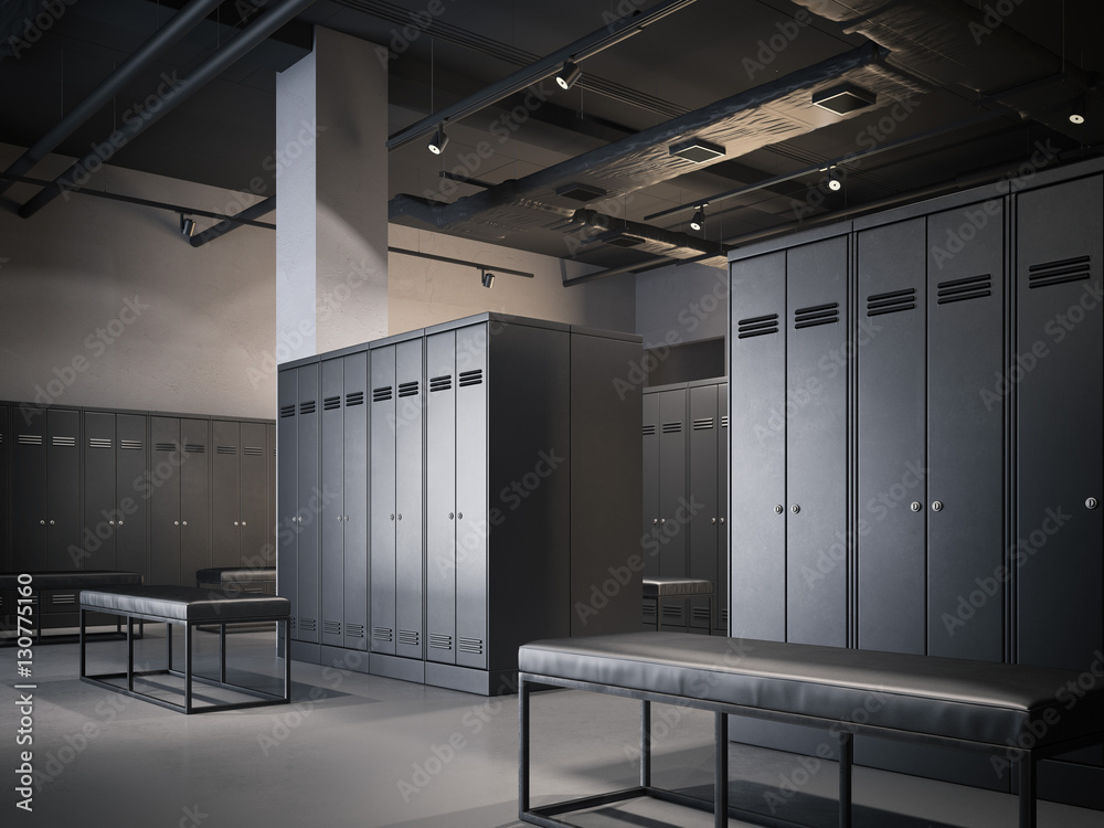 Modern locker room with black cabinets. 3d rendering Stock Illustration ...