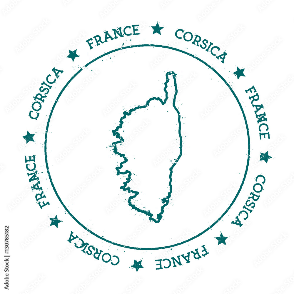 Corsica vector map. Distressed travel stamp with text wrapped around a ...