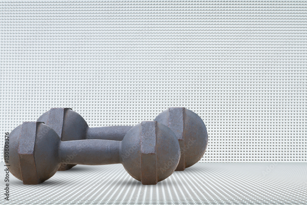 Old dumbbells on aluminum texture floor and background side view ...