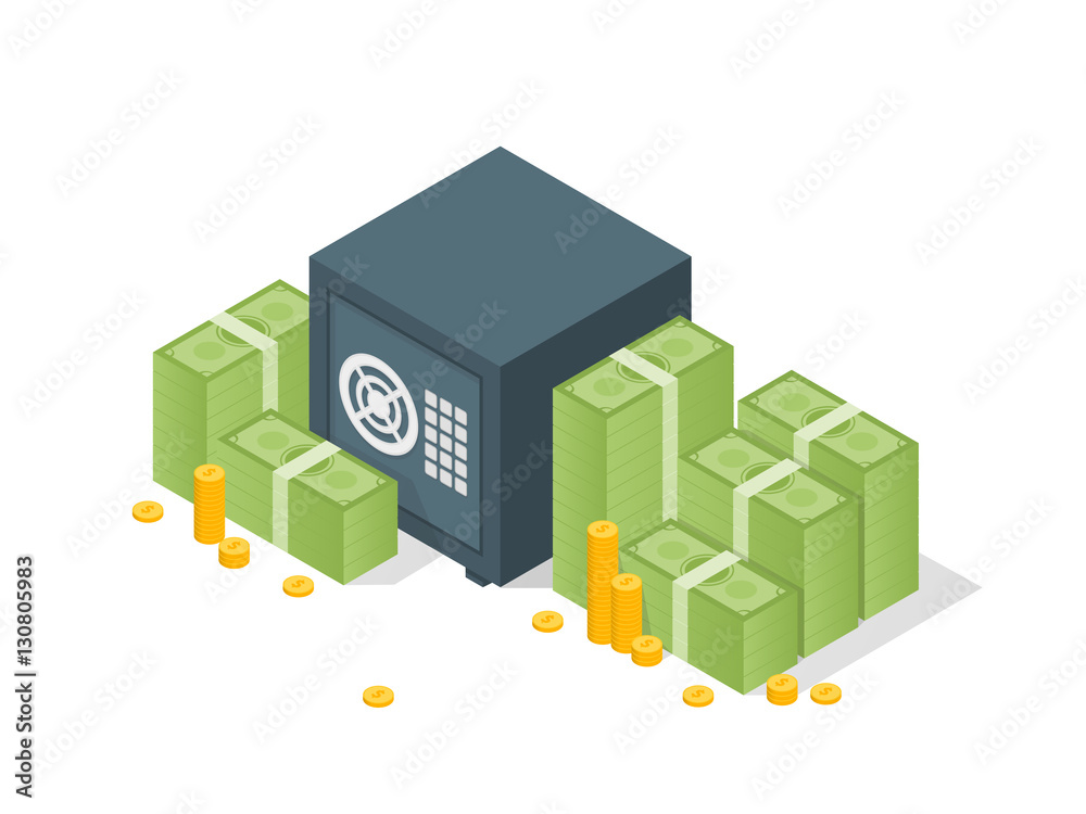 Bank safe with money dollar stacks. Safe open with money. Vector 3d ...