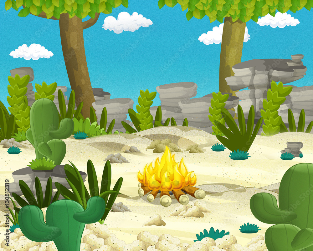 Cartoon happy and funny wilderness scene with fire in the middle ...