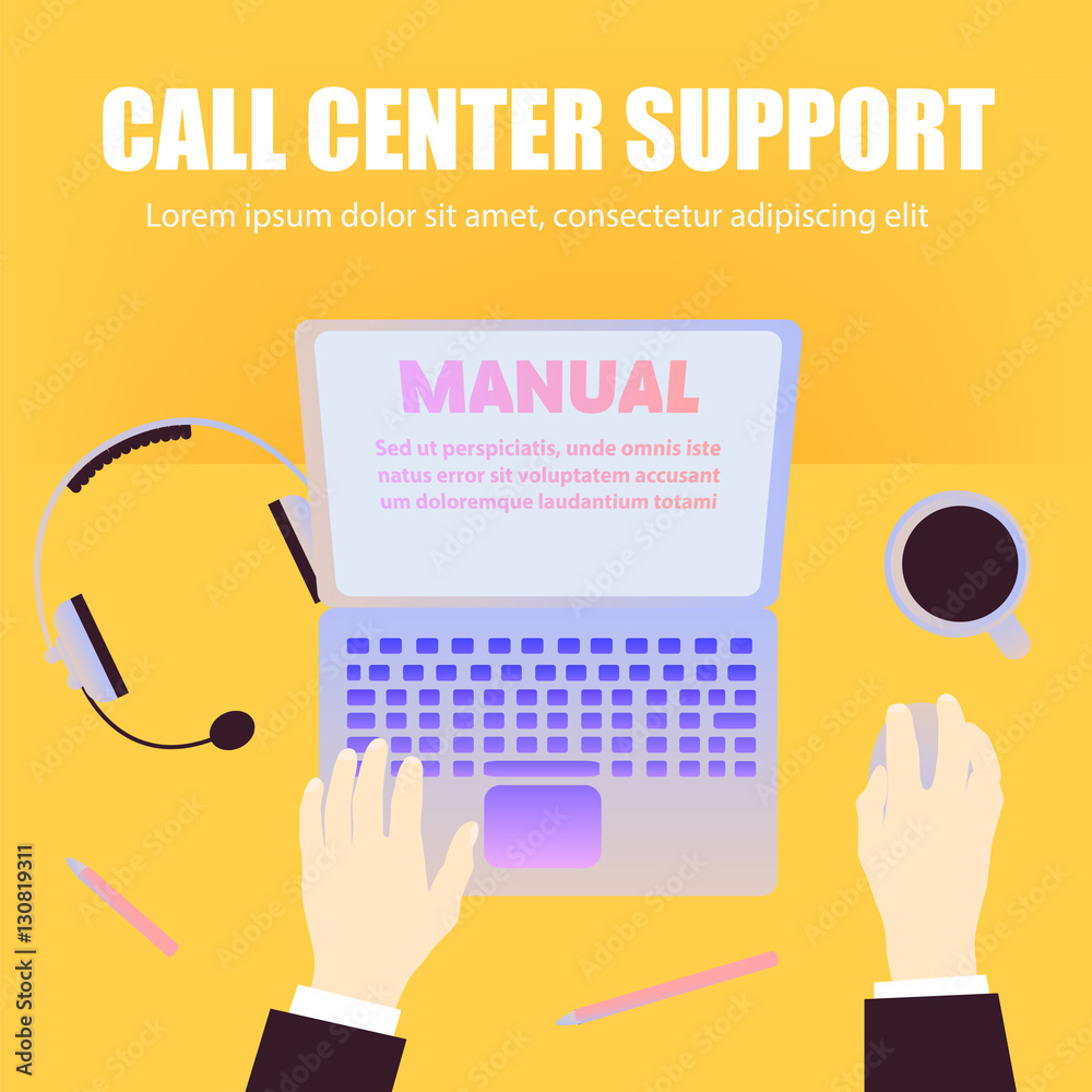 Call center support workers workspace with laptop, pencils, coffee ...