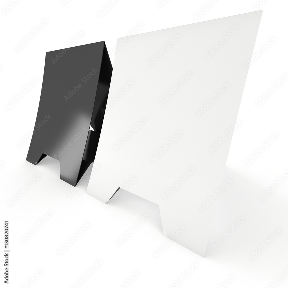 Two blank paper tent cards. 3d render illustration isolated. Table ...