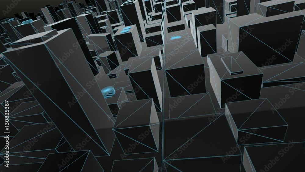 Seamless looping animation of a Blue Wireframe 3D city map fly through ...