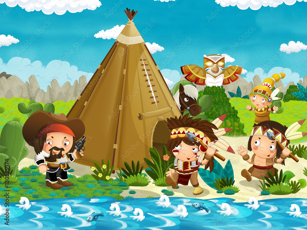 Cartoon indian character near his tee pee in the wilderness and bad ...