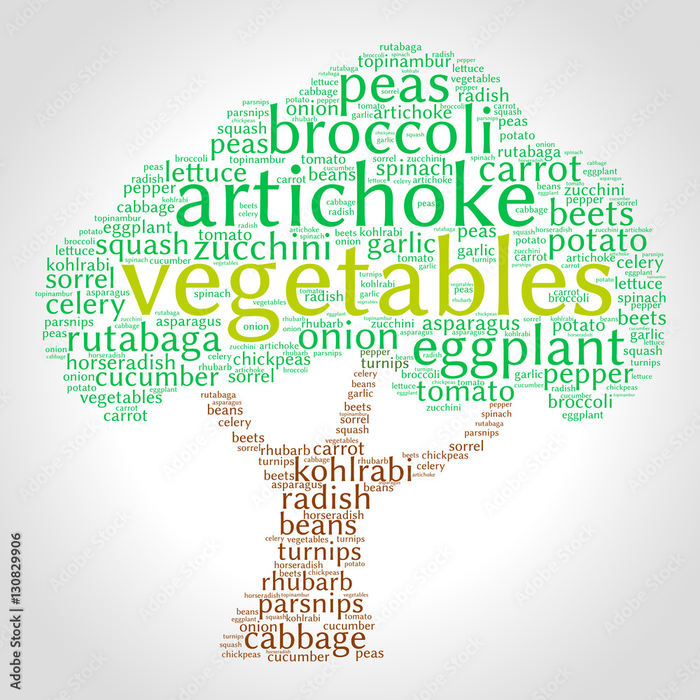 Vegetables. Word cloud, tree of health, gradient grey background. Food ...
