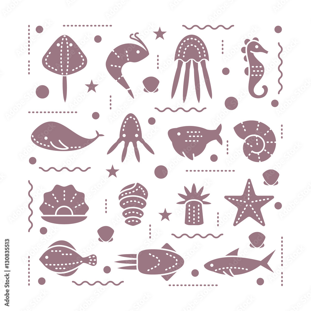 Icons with sea creatures and symbols, made in trendy line style vector ...