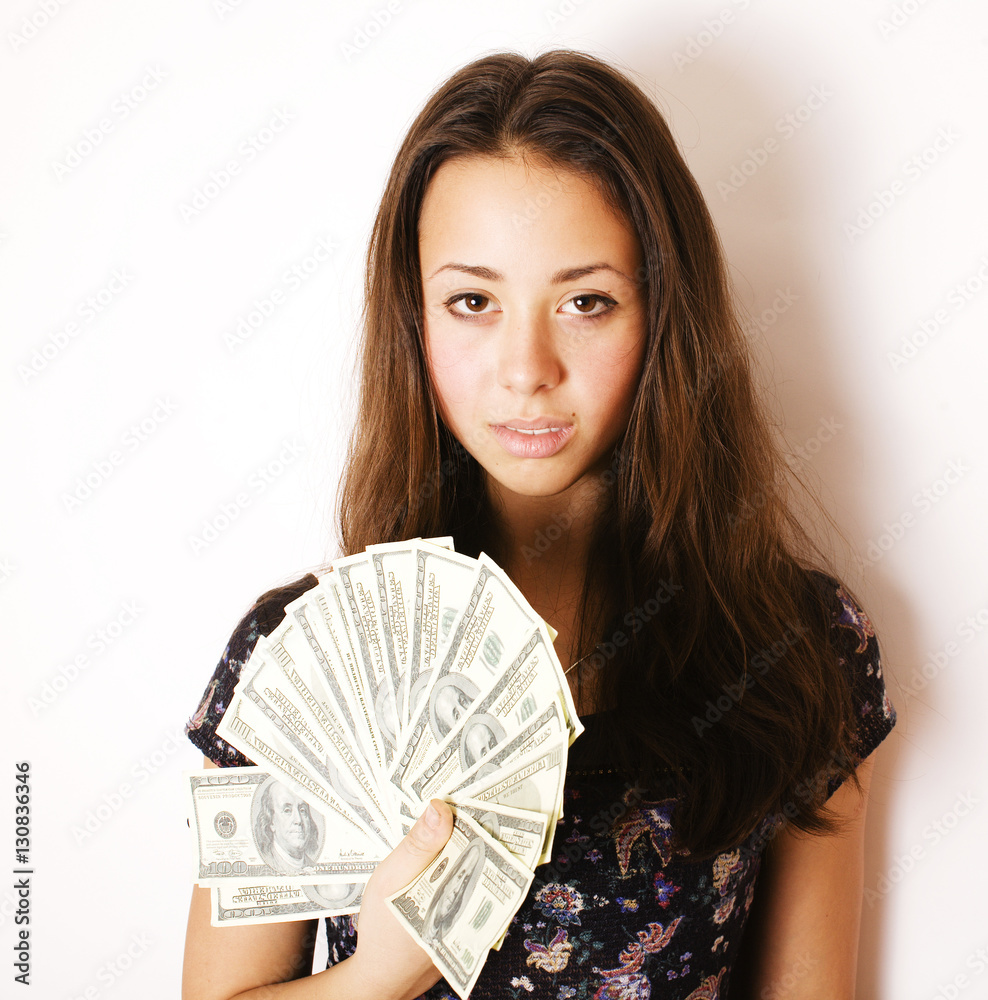 pretty young brunette real modern woman with money cash isolated on ...