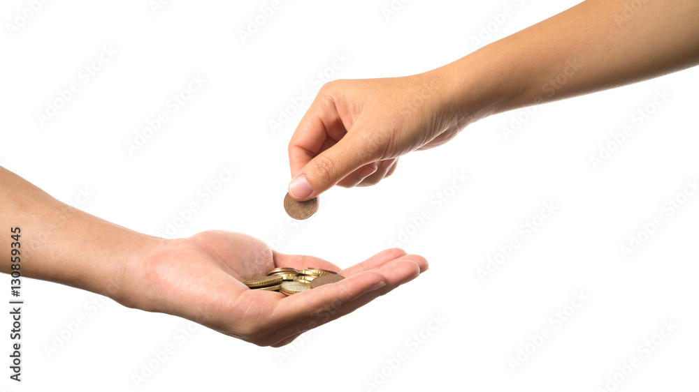 woman hand giving golden coin to hand of man foto de Stock | Adobe Stock