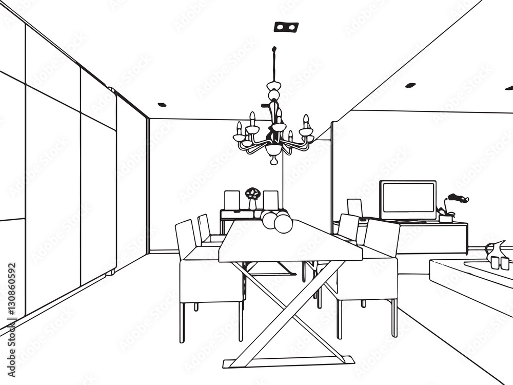 outline sketch drawing interior perspective of house Stock Vector ...