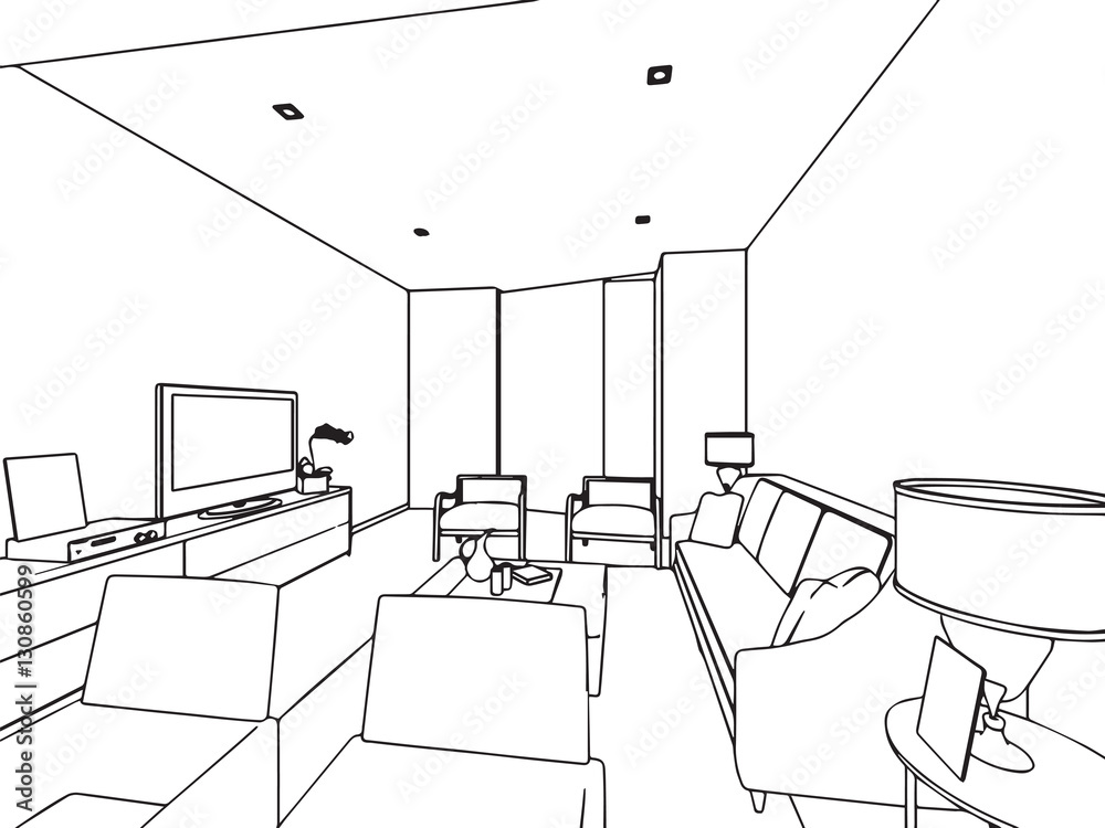outline sketch drawing interior perspective of house Stock Vector ...