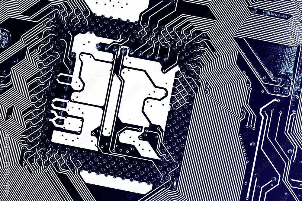 Computer motherboard in acid yellow blue colors Stock Photo | Adobe Stock