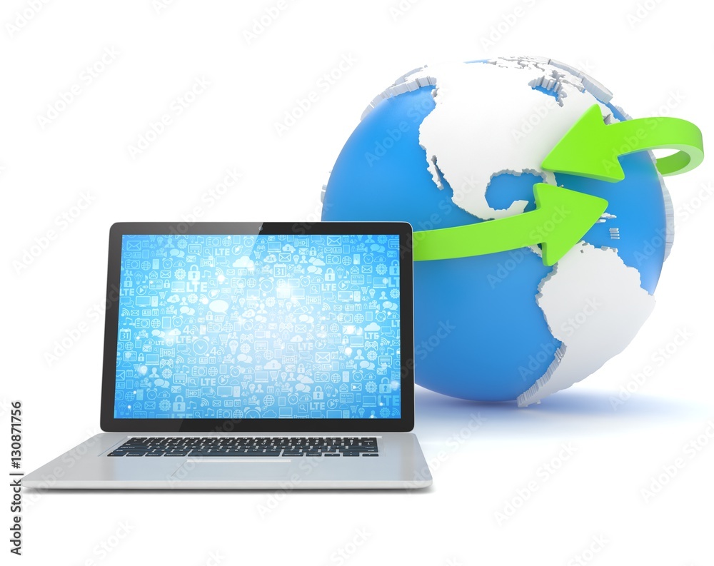 Laptop network and earth globe. 3d rendering. Stock Illustration ...
