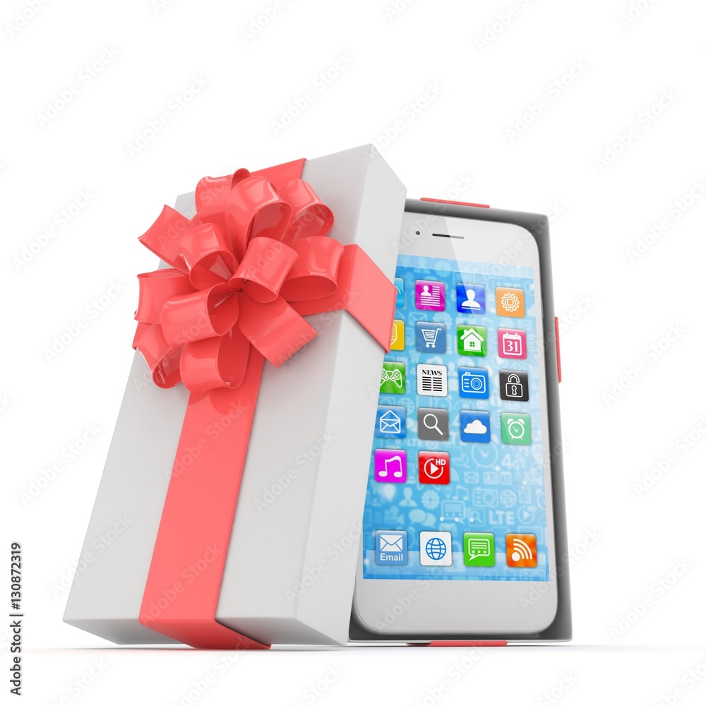 Smartphone in gift box. Isolated on white background. 3d rendering ...