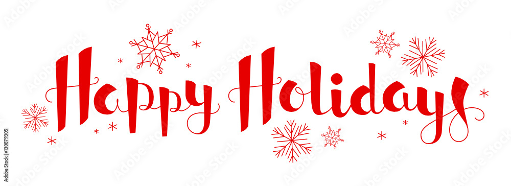 Red HAPPY HOLIDAYS banner in faux calligraphy hand-drawn font with ...