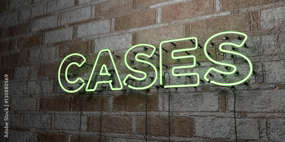 CASES - Glowing Neon Sign on stonework wall - 3D rendered royalty free ...