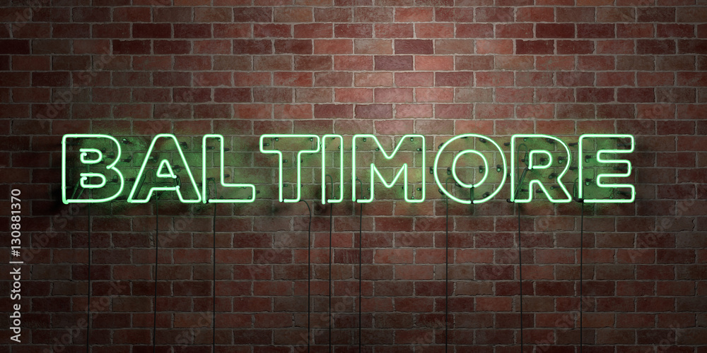 BALTIMORE - fluorescent Neon tube Sign on brickwork - Front view - 3D ...