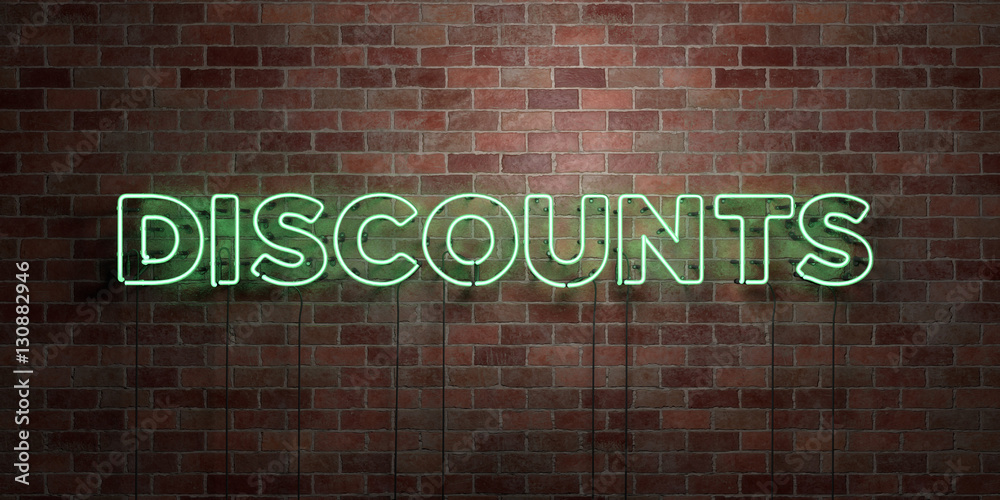 DISCOUNTS - fluorescent Neon tube Sign on brickwork - Front view - 3D ...