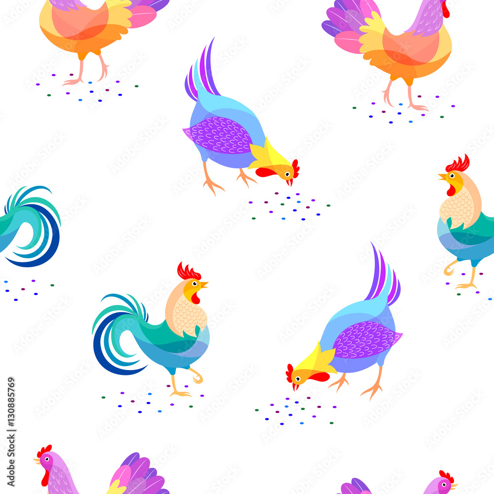 Stylized Chickens. Roosters seamless pattern, illustration. Chinese New ...