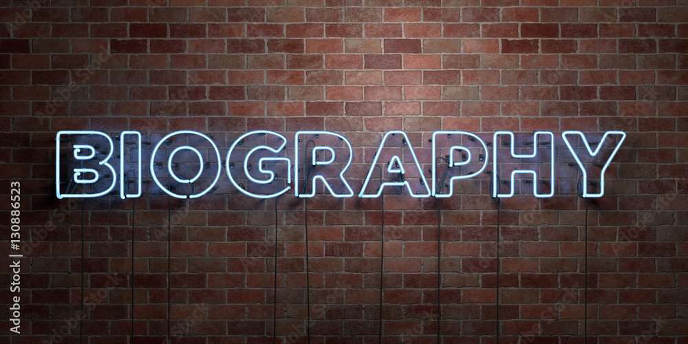 BIOGRAPHY - fluorescent Neon tube Sign on brickwork - Front view - 3D ...