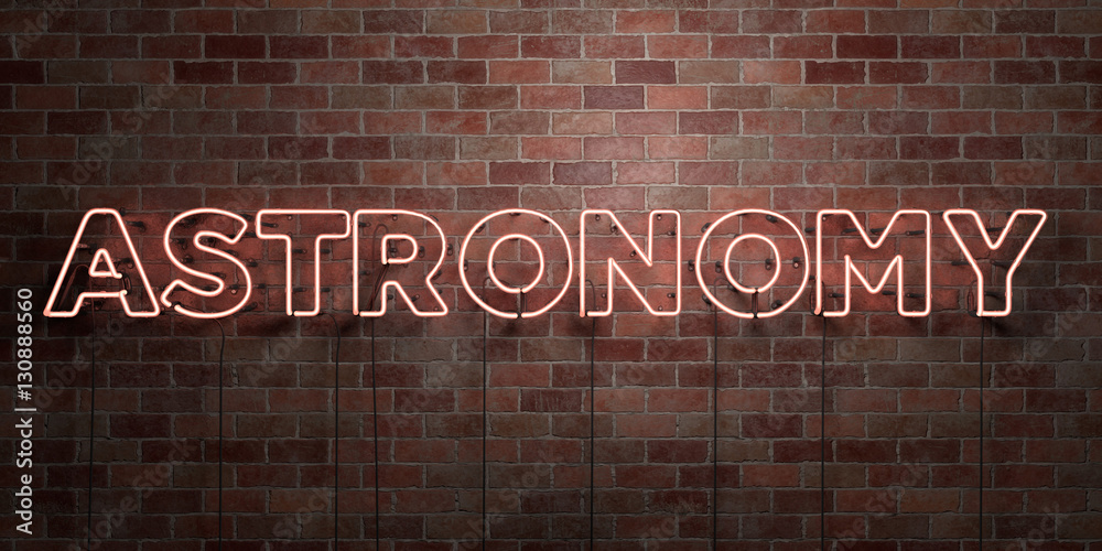 ASTRONOMY - fluorescent Neon tube Sign on brickwork - Front view - 3D ...
