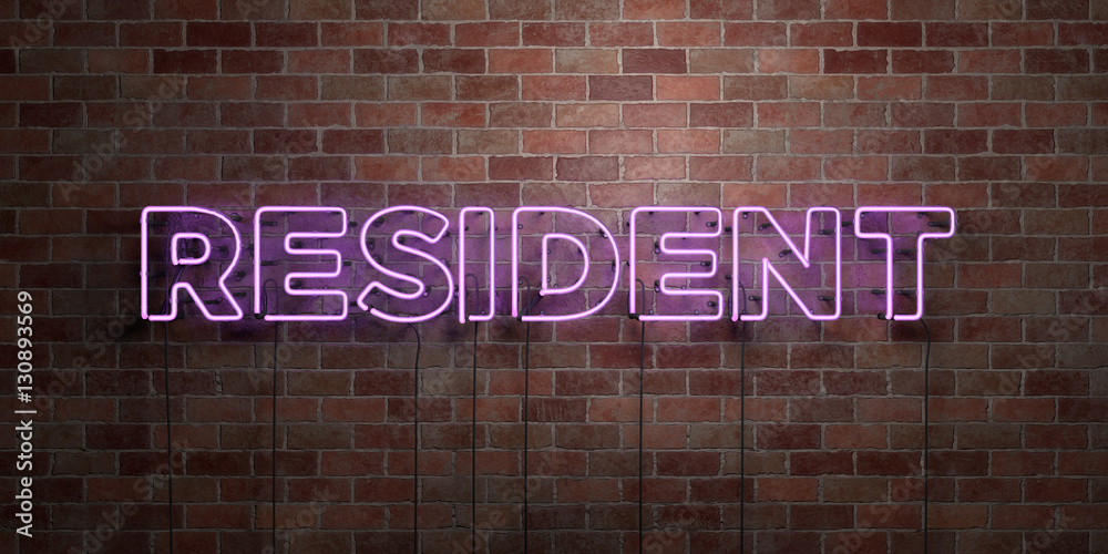 RESIDENT - fluorescent Neon tube Sign on brickwork - Front view - 3D ...