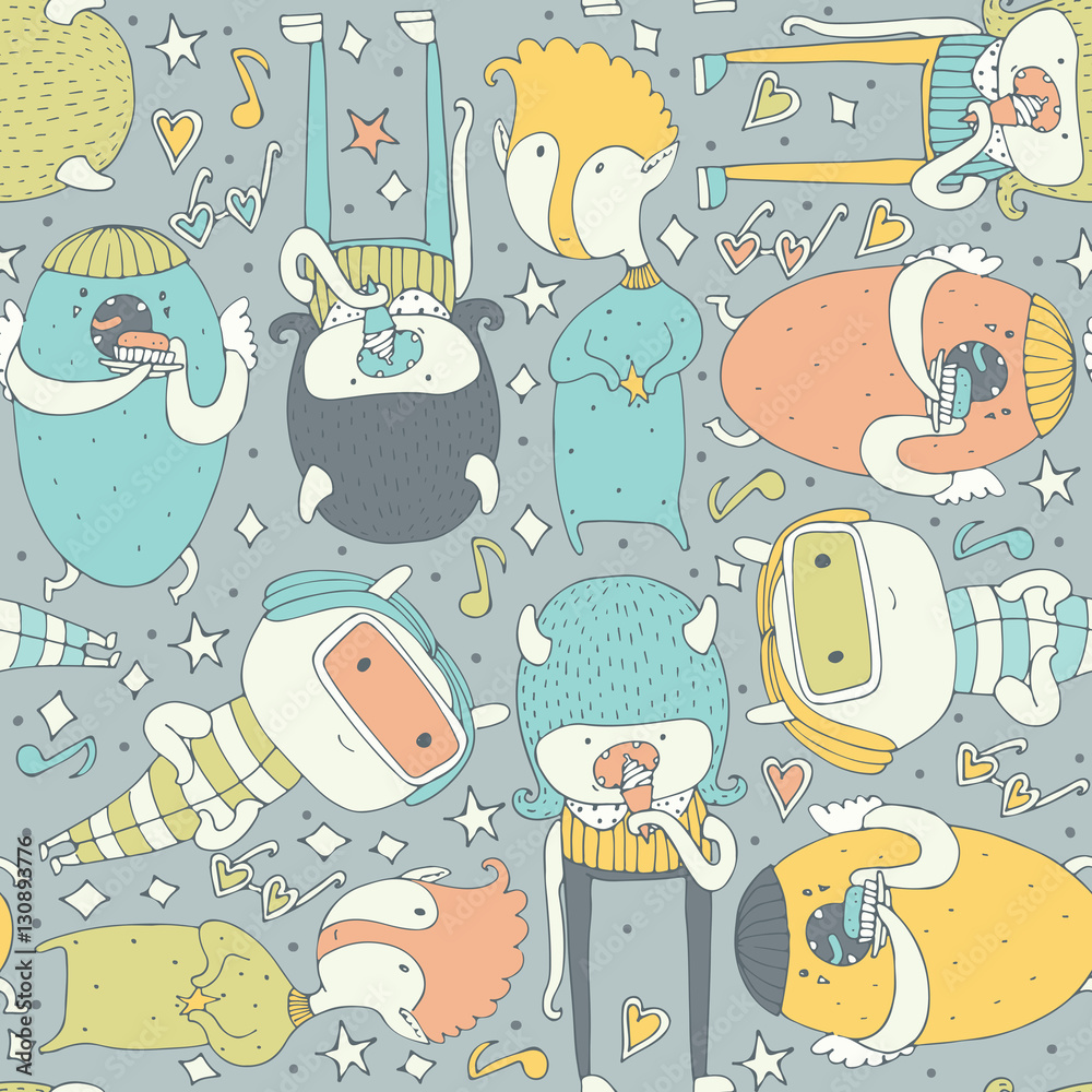 Cute seamless pattern with lovely doodle monsters eating, staying and ...
