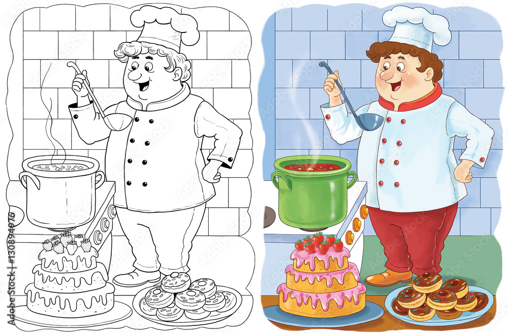 Professions. A cook. Coloring page. Cute and funny cartoon character ...