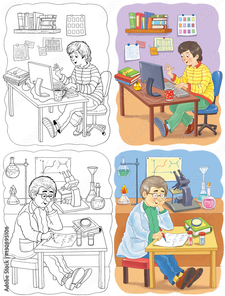 Coloring page. Professions. A cute programmer and scientist ...