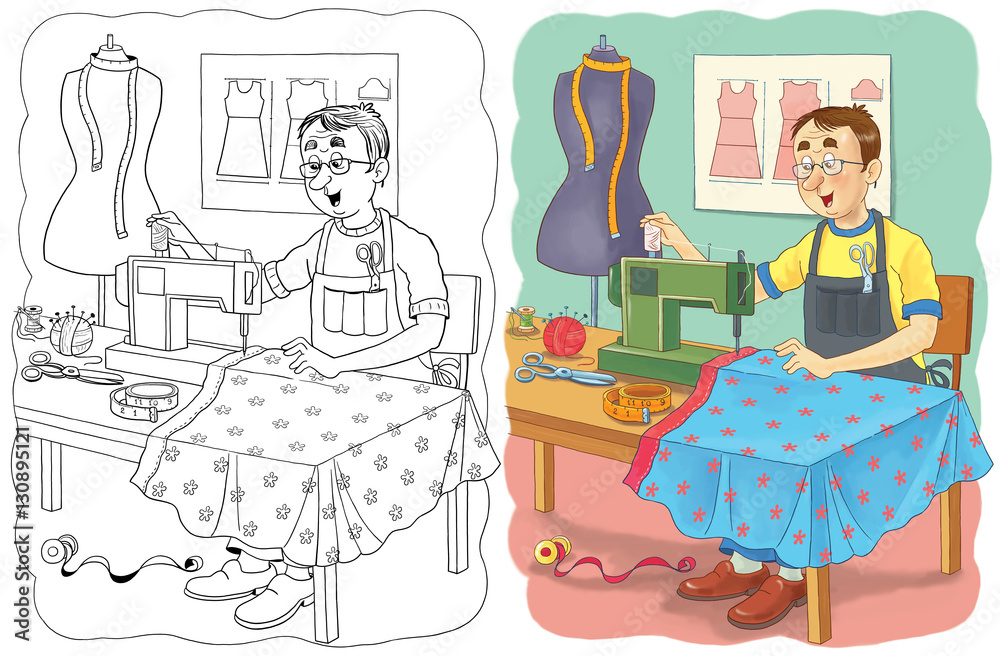Professions. Coloring page. A cute tailor. Illustration for children ...