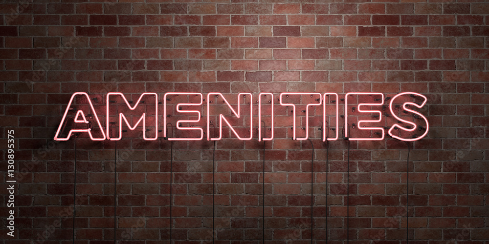 AMENITIES - fluorescent Neon tube Sign on brickwork - Front view - 3D ...