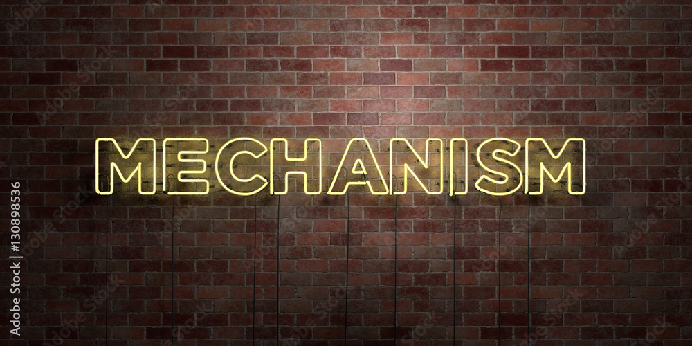 MECHANISM - fluorescent Neon tube Sign on brickwork - Front view - 3D ...