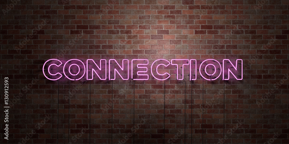 CONNECTION - fluorescent Neon tube Sign on brickwork - Front view - 3D ...