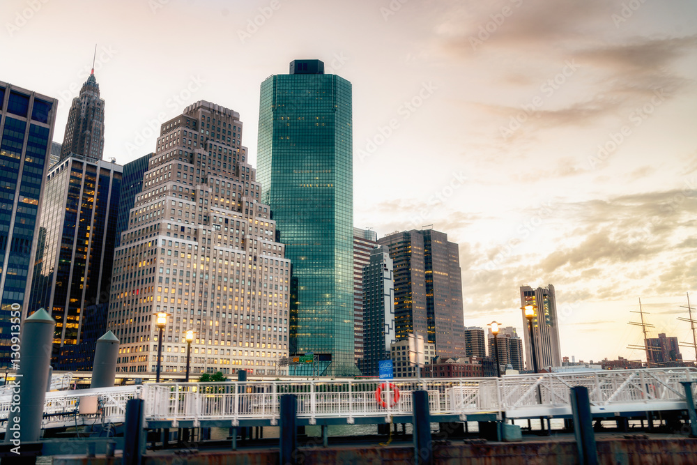 Wall Street buildings facades on South St. The tower is tiered on three ...