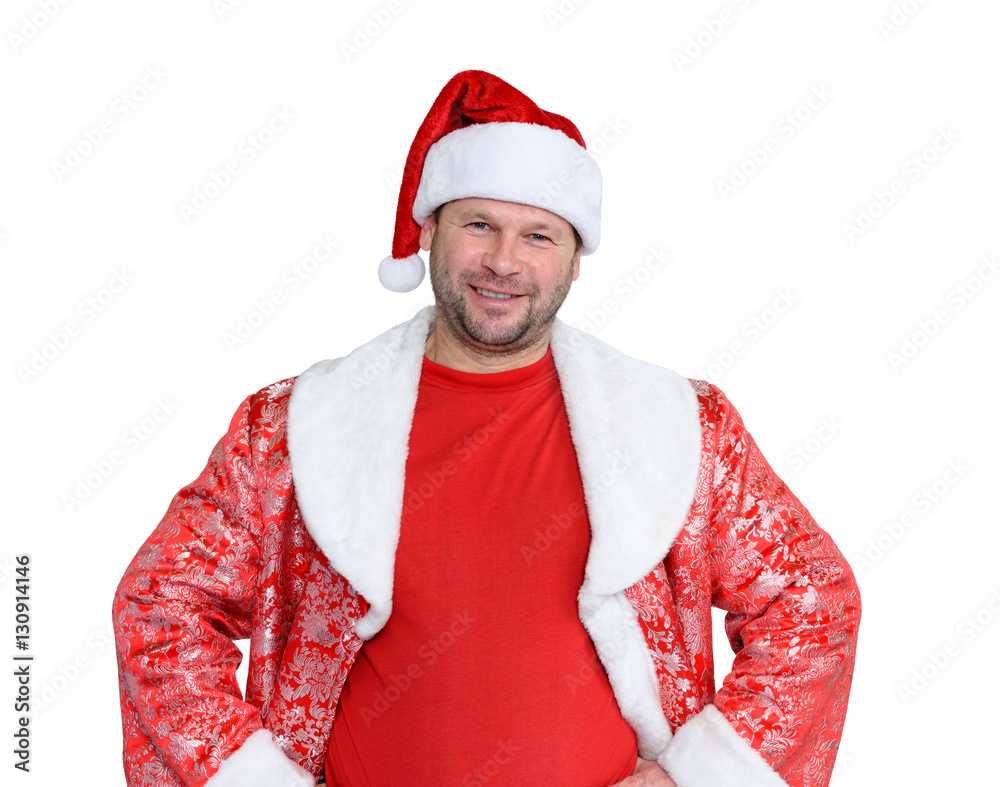 Bearded funny man dressed as Santa Claus on white background. File ...
