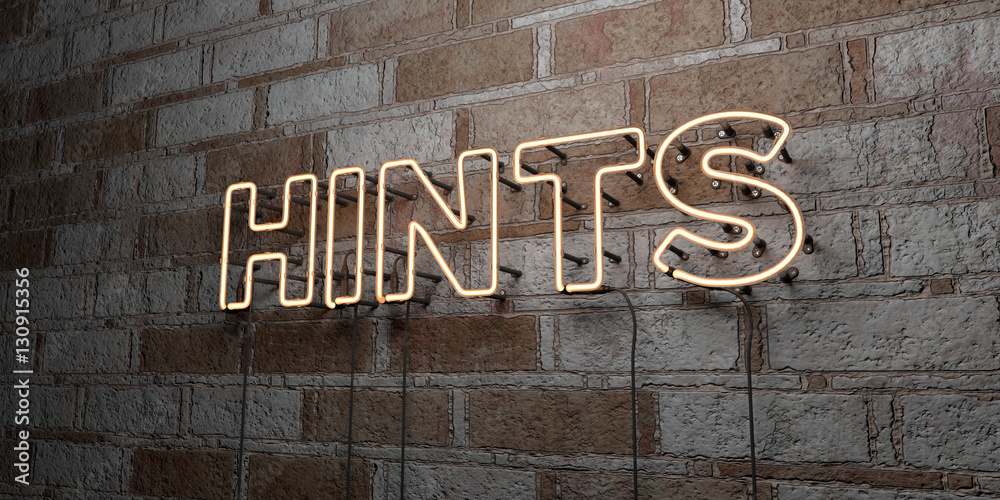 HINTS - Glowing Neon Sign on stonework wall - 3D rendered royalty free ...